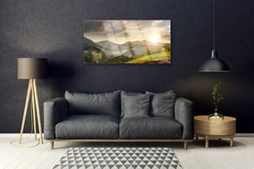 Obraz na skle Louka Hory Západ Slunce 120x60 cm