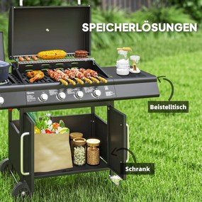 Outsunny Plynový gril 15,2 KW, grilovací vozík včetně 5 nerezových hořáků, kolečka, boční vařič, 129,5 x 56 x 110 cm, černá