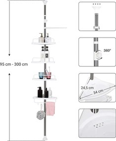 Nastavitelný koupelnový rohový regál, teleskopický sprchový regál, 95-300 cm