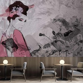 Gario Fototapeta Gejša, portrét na betonové zdi Materiál: Vliesová, Rozměry: 200 x 140 cm