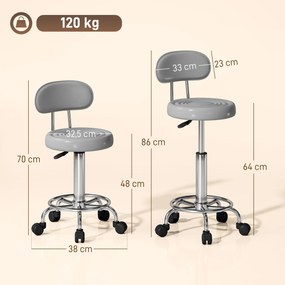 HOMCOM Nastavitelná pojízdná stolička s opěradlem — otočná židle na kolečkách s opěrkou nohou, ekokůže (PU), 32 x 40 x 70–86 cm, šedá