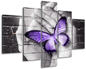 Gario Obraz s hodinami Fialový motýl na dlaních - 5 dílný Rozměry: 150 x 105 cm
