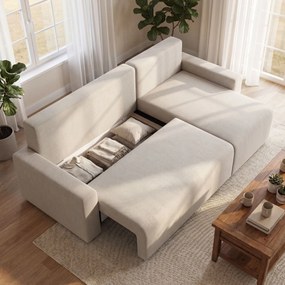 HOMCOM rozkládací rohová pohovka L, 3místná s otočnou chaise – béžový umělý semiš