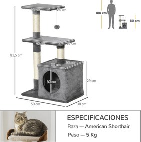 PawHut Kočičí Škrabadlo 81,5 cm s Sijouxovými Sloupci, 2 Platformami, Jaskyní a H koulej, Stylový Design 50x30x81,5 cm Tmavě šedá