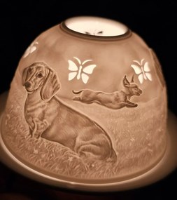 Bílý porcelánový svícen s jezevčíky Paollo - Ø 12*8 cm
