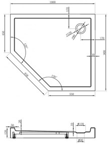 Mexen Flow+, pětiúhelníková sprchová vanička, pravá, 100 x 90 cm, bílá lesklá, 46P109010RH