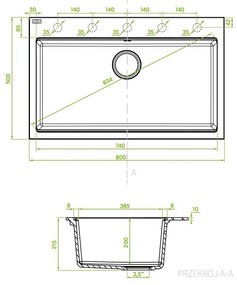 Laveo Tau, 1-komorový granitový dřez 800x500x215 mm, bílá, LAV-SBT_6108