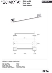 Bemeta Design BETA: Držák ručníků, 600 mm -