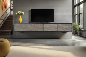 Designová závěsná skříňka pod TV z akáciového masivu a přírodního kamene 200cm