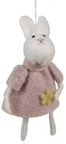 Růžový plstěný závěsný velikonoční králíček s kytičkou Magiccal - 6*3*13 cm