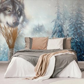 Tapeta vlk v zasněžené krajině - 225x150 cm