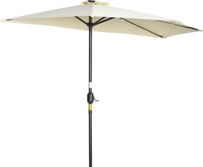 Outsunny Slunečník, 270 x 240 cm Poloviční slunečník s LED světly, Polokruhový slunečník s ručním klikou a solárním panelem, pro zahradu, kovový, béžo