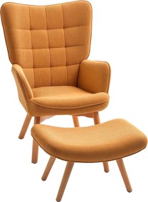 HOMCOM Křeslo s podnožkou, Vysoké křeslo s opěrkami, Dřevěné nohy, Lounge křeslo s prošívaným designem, Vzhled sametu, do obývacího pokoje, Hnědé | Ao