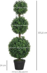 HOMCOM Sada 2 umělých stromů 101,6 cm, 3 kouličkové buxus topiary rostliny, umělá rostlina zelená PE s vnitřním a venkovním květináčem