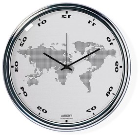 Světle šedé svisle zrcadlené hodiny s mapou (32 cm)