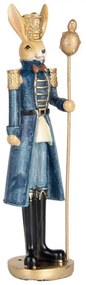 Dekorace elegantní zajíc v modré uniformě s dlouhou zlatou hůlkou Zwerkblaf – 18 cm