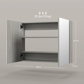 HOMCOM nástěnná zrcadlová skříňka do koupelny, 80 x 15 x 60 cm, dvoukřídlé dveře s nastavitelnými policemi, šedá