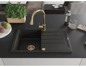 Mexen Bruno, 1-komorový granitový dřez 795x495x200 mm a dřezová baterie Elia, černá-zlatá metalíza, 6513-75-670101-50