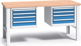 Pracovní stůl do dílny G3 se 2 závěsnými boxy na nářadí, buková spárovka, 8 zásuvek, pevné kovové nohy, 1700 mm, modrá
