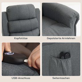 HOMCOM Masážní křeslo s asistencí při vstávání, relaxační křeslo, vibrační hlavy, s polohovací funkcí, vzhled lnu, šedá
