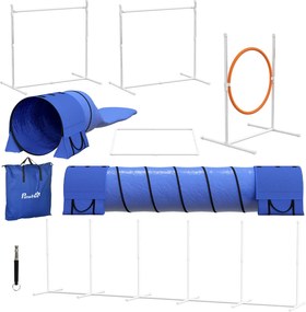 PawHut Sada agility pro psy, 7-dílná tréninková sada s nastavitelnými překážkami, tyčemi, pauzovací krabicí, tunelem, skákacím kroužkem, trojdílnou př