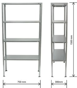 Celokovový policový regál | 4 police | 750 x 300 x 1500 mm Matabro MB-SH04