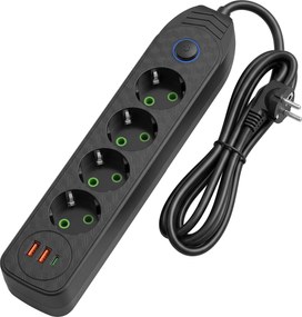 Toolight Toolight, JNH025-4B, prodlužovací lišta 4 zásuvky + 2× USB-A + USB-C, 1,8 m, černá, OSW-56208