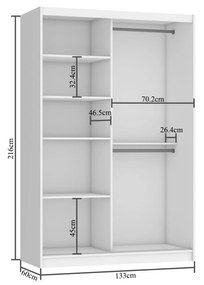 Šatní skříň 133 cm Belini bílý mat s posuvnými dveřmi a zrcadlem  MBP SZP2/2/W/W/0/AL