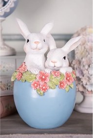 Dekorace králíci v modrém vajíčku s květy - 13*12*21 cm