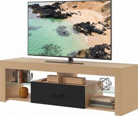 HOMCOM TV nízká komoda pro televizi až 65 palců, moderní televizní skříňka s nastavitelnými skleněnými policemi, dub