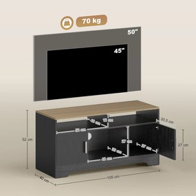 HOMCOM TV stolek ze dřeva s 2 nikami, 2 skříňkami s dvířky, 1 otevřenou skříňkou, 105 x 40 x 52 cm, černý dekor dřeva