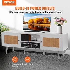 Ratanový TV stojan pro 165,1 cm TV Boho TV stojan s vestavěnou zásuvkou bílá