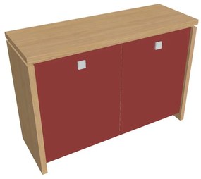 Nízká skříň Verno 128 x 46 x 90 cm, skleněné dveře, dub světlý / červená