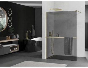 Mexen Kioto+, sprchová zástěna Walk-In s poličkou a věšákem 90 x 200 cm, 8mm šedé sklo, zlatý matný profil, 800-090-121-55-40