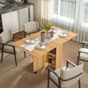 HOMCOM Skládací Jídelní Stůl s Kolečky a Sklopnými Křídly pro 4-6 Osob 80x140x74cm Přirozené Dřevo