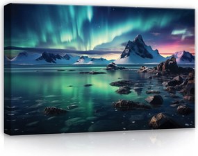 Obraz 120x80 Polární záře Aurora Borealis noc hory voda magie vesmír
