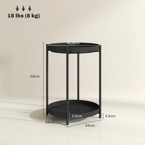 HOMCOM Odkládací stolek, konferenční stolek se 2 policemi, kulatý konferenční stolek, do obývacího pokoje, ložnice, 44 x 56 cm, ocel, černý