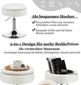 Costway Stolička na make-up s úložným prostorem otočná o 360° z umělé kůže bílé
