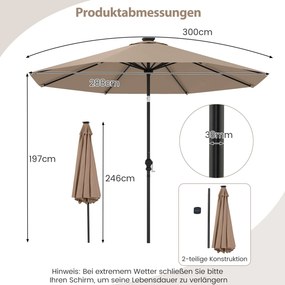 Costway Slunečník 300 cm s LED solárním osvětlením 9 režimy osvětlení s klikou