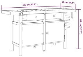 Pracovní stůl se zásuvkami a svěráky 162x62x83cm masivní akácie,  153324