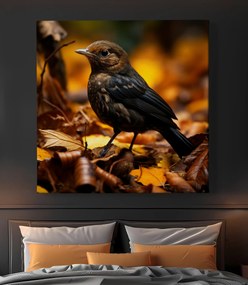 Obraz na plátně - Černý ptáček hledá potravu v listí FeelHappy.cz Velikost obrazu: 100 x 100 cm
