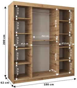 Šatní zrcadlová skříň ADELA - 180 cm, černá / dub sonoma
