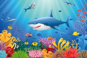 DIMEX | Samolepicí vliesová fototapeta na zeď Žralok s korálovým útesem MA-5-1454 | 375 x 250 cm | modrá, červená, žlutá