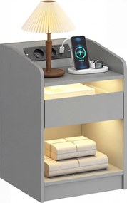 HOMCOM Noční stolek s nabíjecí stanicí LED-RGB světlo, zásuvka, otevřená přihrádka, USB porty a dálkové ovládání 40x40x58 cm Šedá
