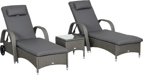 Outsunny Sluneční Lehátko Zahradní Lehátko Stůl 3-dílná Zahradní Nábytek Sada, Polyrattan + Kov Šedá + Tmavě šedá | Aosom