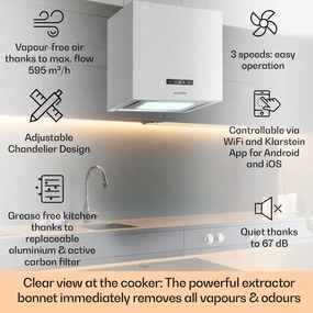 Kronleuchter Smart, digestoř, 40 cm, ostrůvková, 595 m³/h, ovládání přes aplikaci, LED panel, stříbrná