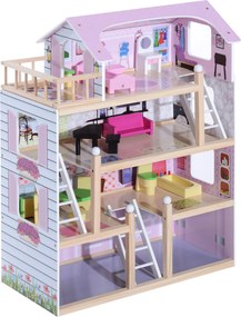 HOMCOM Dřevěný Domeček pro Panenky se 4 Patry a Nábytkem Výška 80,5 cm se 13 Doplňky pro Dívky 60,5x30x80,5 cm Růžový