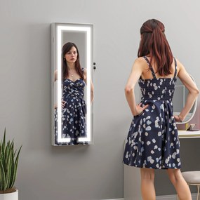 HOMCOM šperkovnice s LED, zamykatelný organizér na stěnu / dveře se zrcadlem, 37 x 10,5 x 108 cm, bílá
