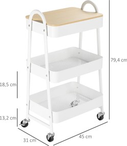 HOMCOM Kuchyňský vozík 3-patrový kovový vozík s velkým úložným prostorem a víkem do kuchyně a kanceláře, bílá ocel 45x31x79,4cm | Aosom.de
