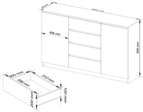 Komoda Tove K 160,4 cm bílá/červená lesklá